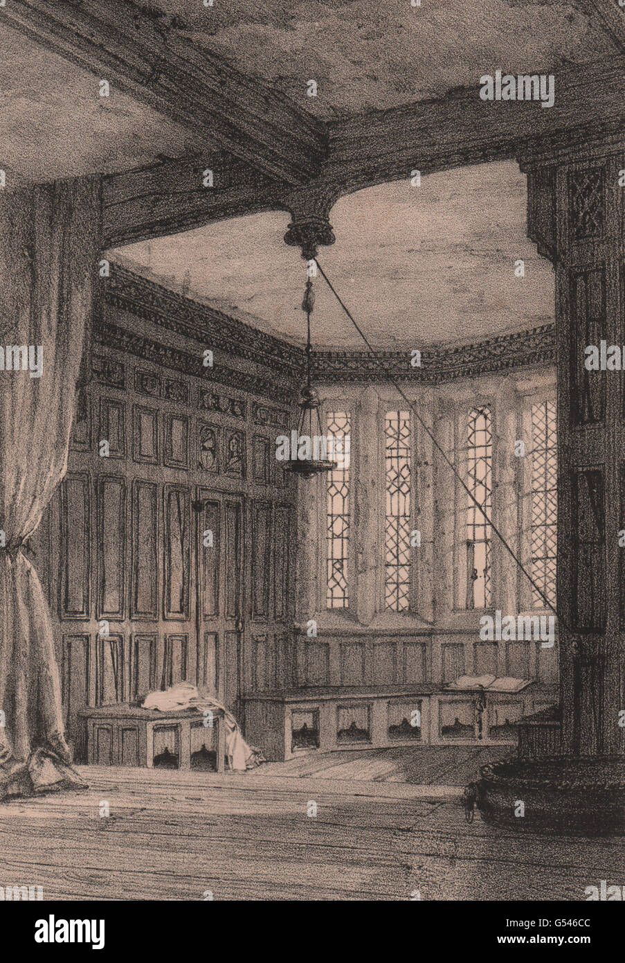 HADDON HALL: Interior of Oriel window. Derbyshire, antique print 1836 ...
