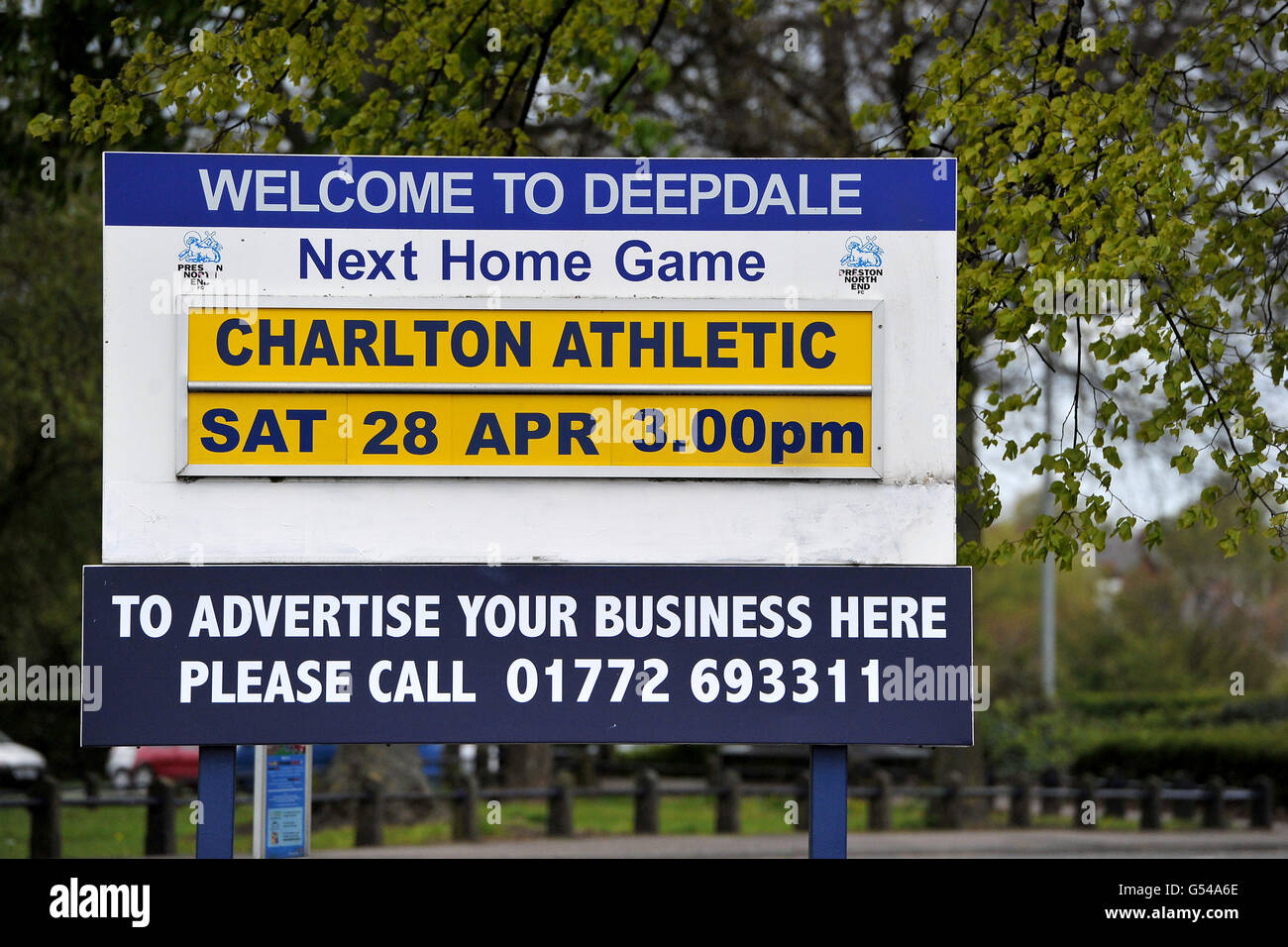 General view of a 'Welcome to Deepdale' sign detailing the next home ...