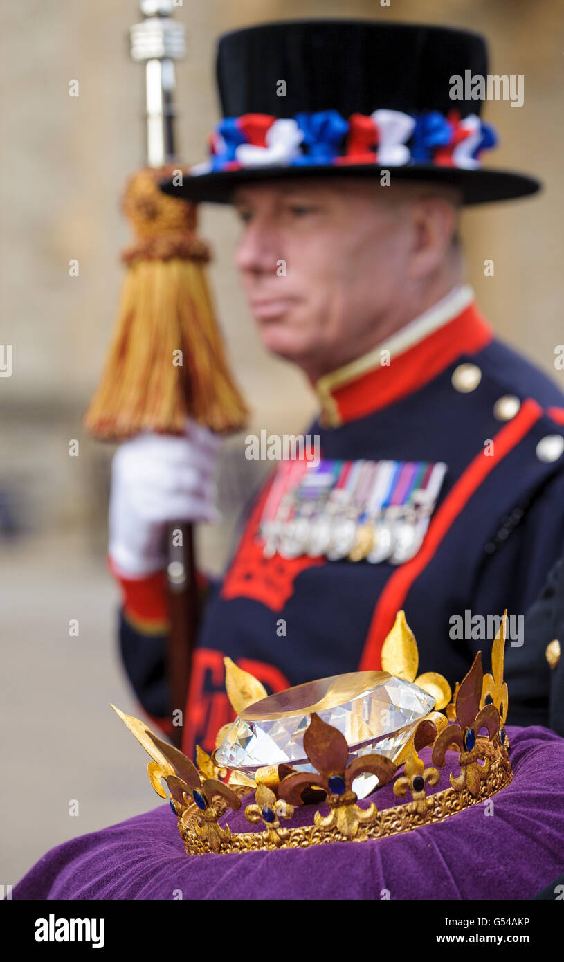 The Jubilee Crystal Diamond is seen with a Beefeater at the Tower of ...