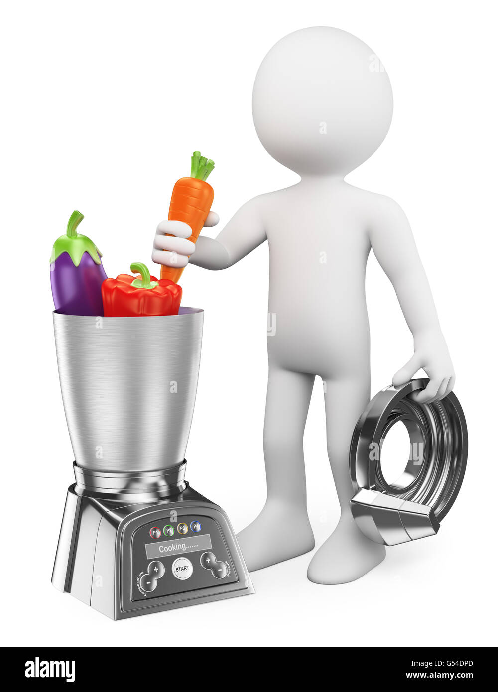 3d white people. Man cooking healthy in a food processor. Vegetables ...