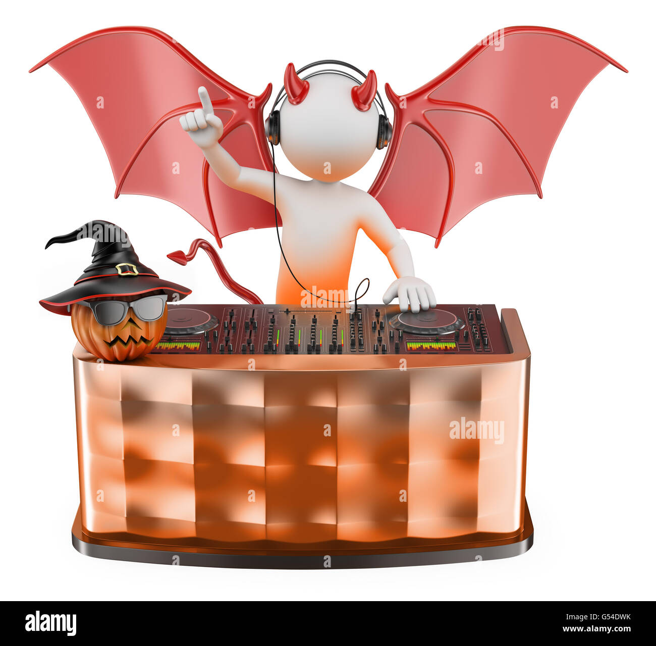 3d white people. DJ playing music at a Halloween party with a devil ...
