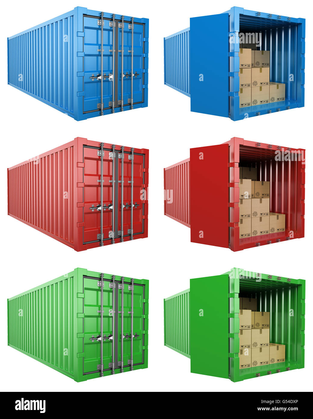 3d open and close container with cardboard boxes in red blue and green ...