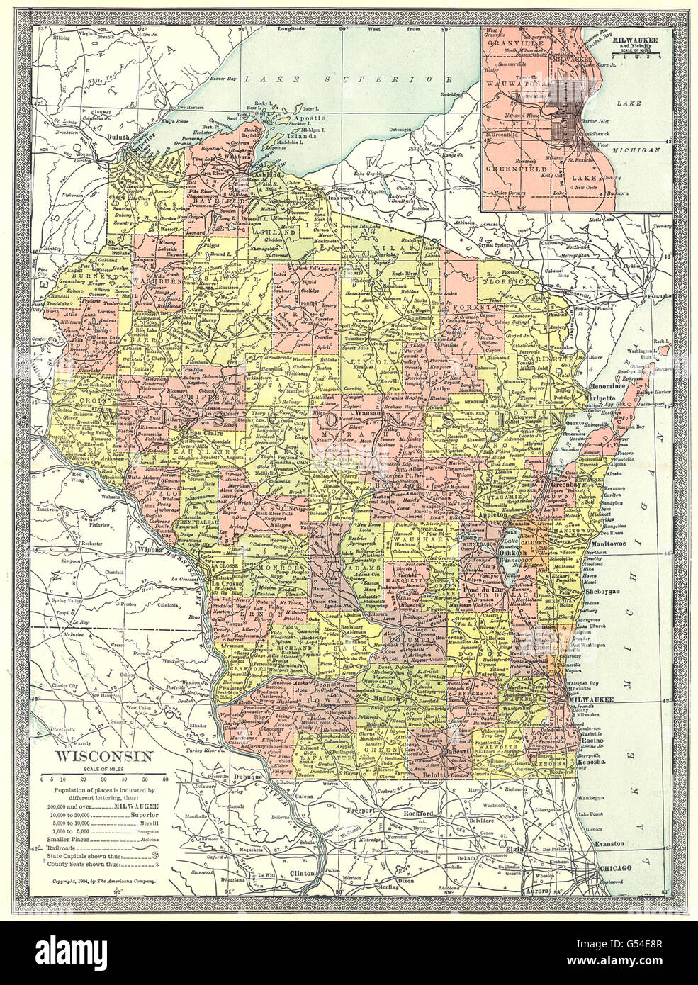 WISCONSIN state map. Counties. Inset Milwaukee environs, 1907 Stock ...