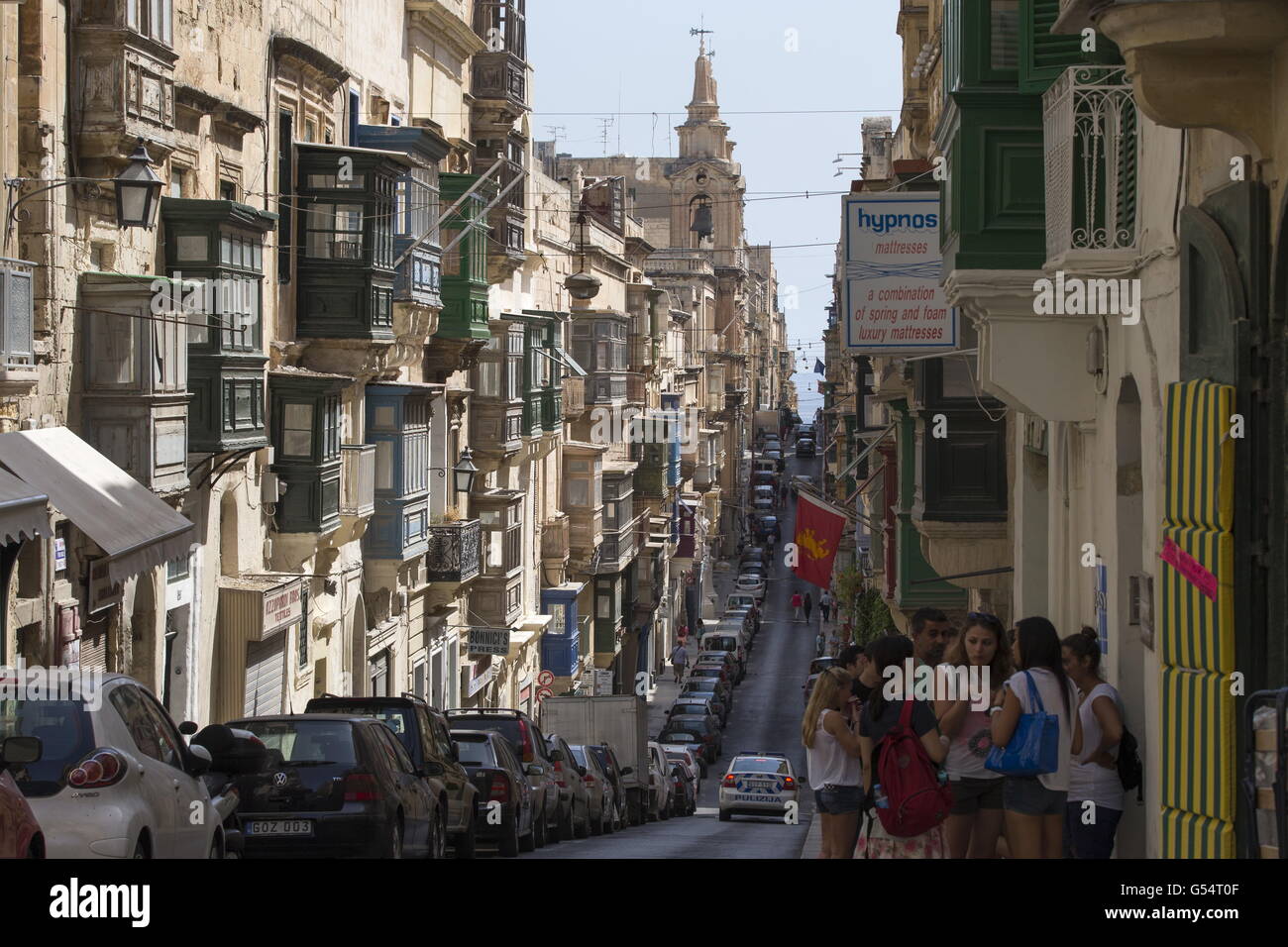 A street in Malta with typical Malta bay windows in Valletta, the ...