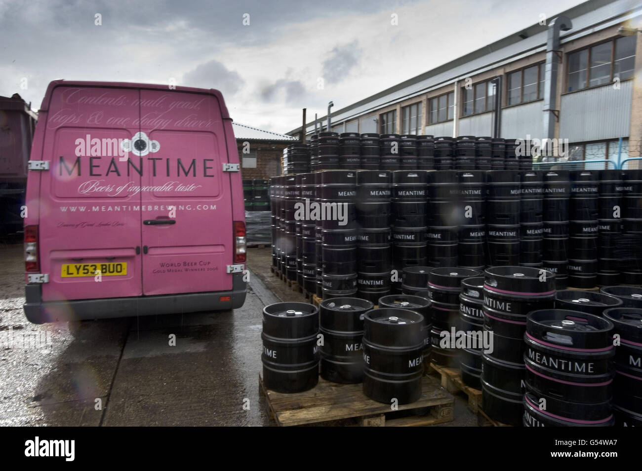 Meantime Brewery. Beer barrels await delivery outside the Meantime ...