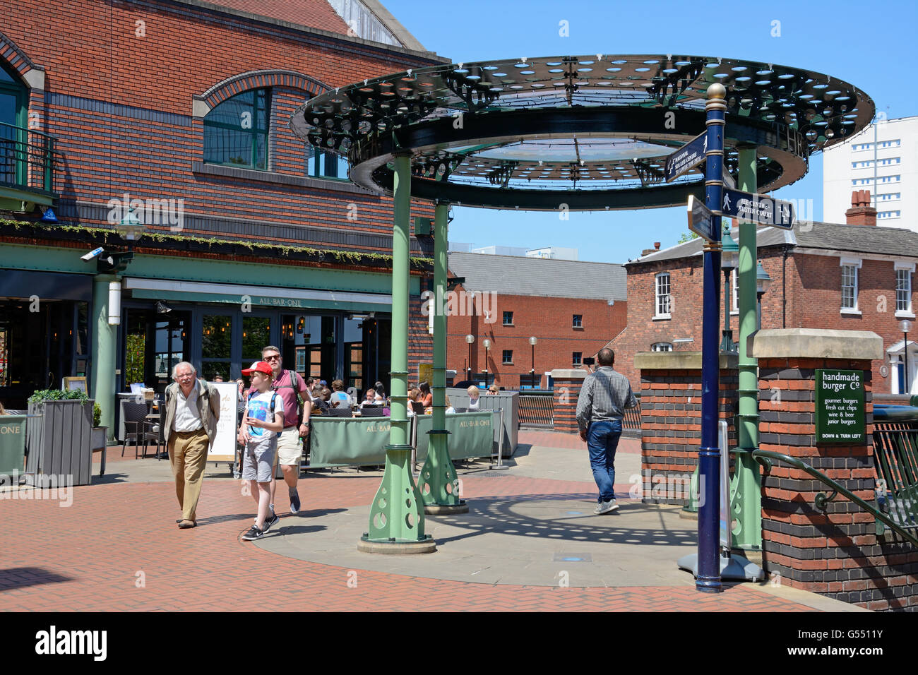 Pavement cafes and metal bandstand at the Waters Edge in Brindleyplace ...