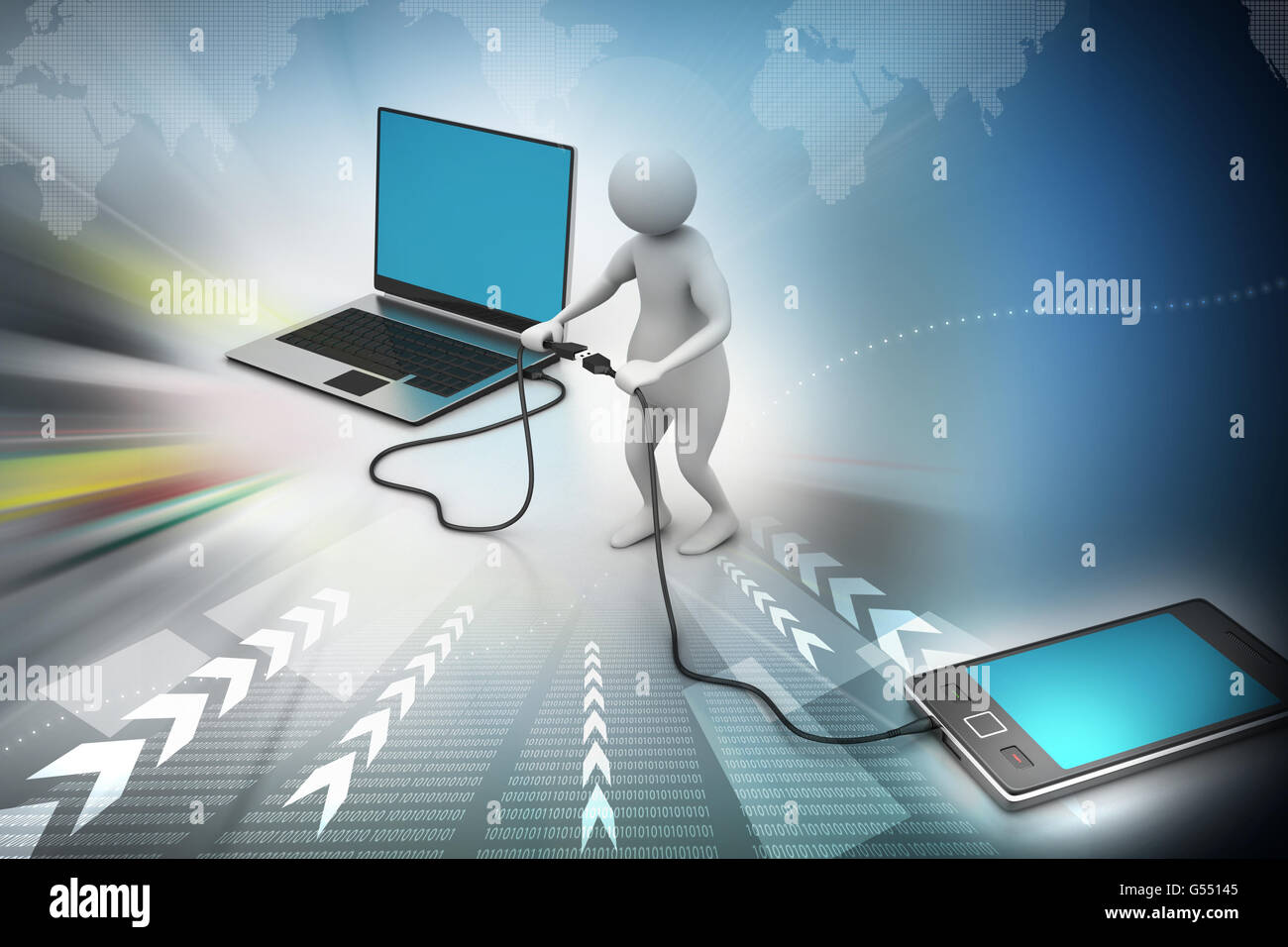 3d man connecting laptop and mobile Stock Photo - Alamy
