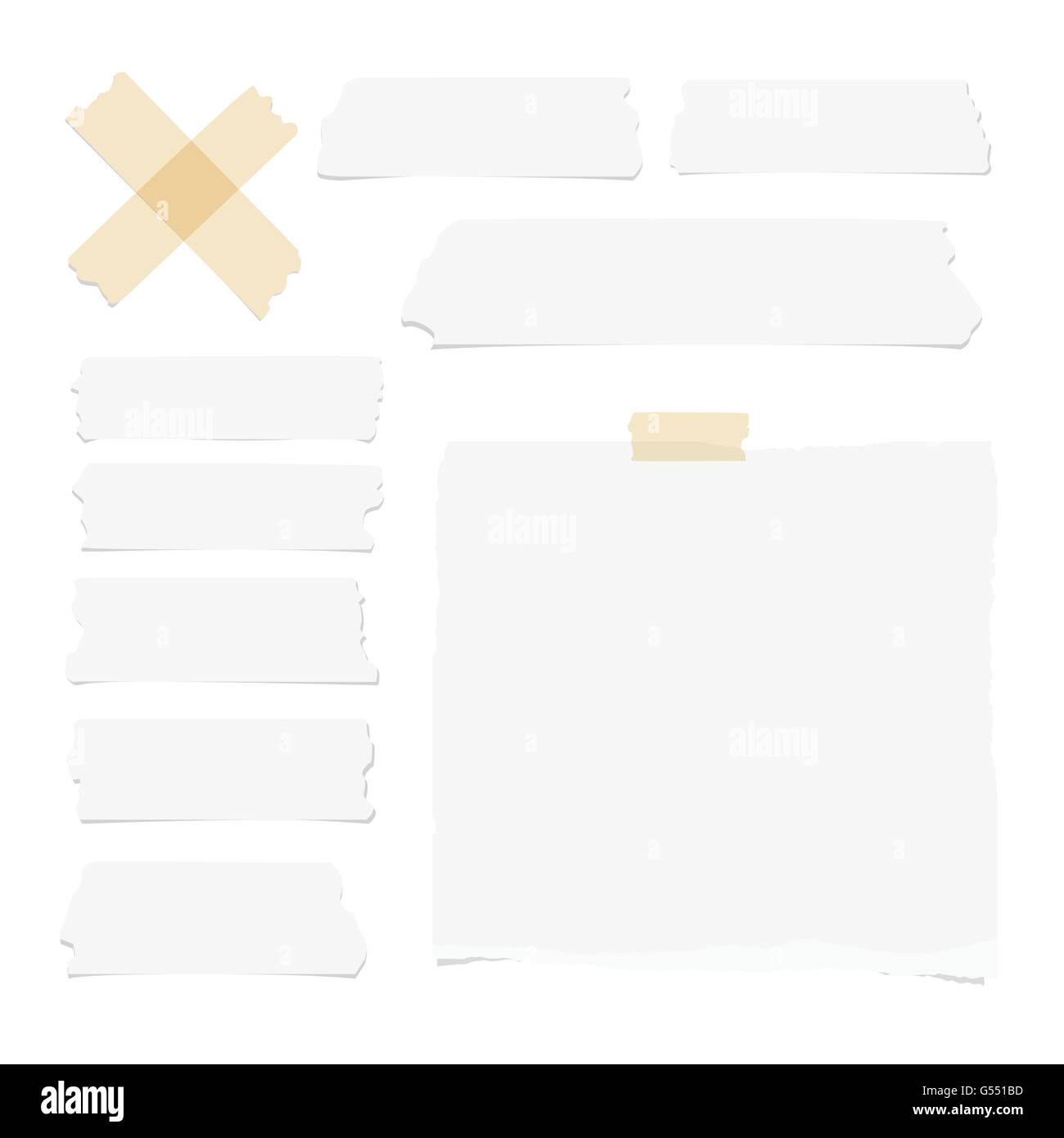 Pieces of ripped blank note paper, sticky, adhesive tapes are stuck on ...