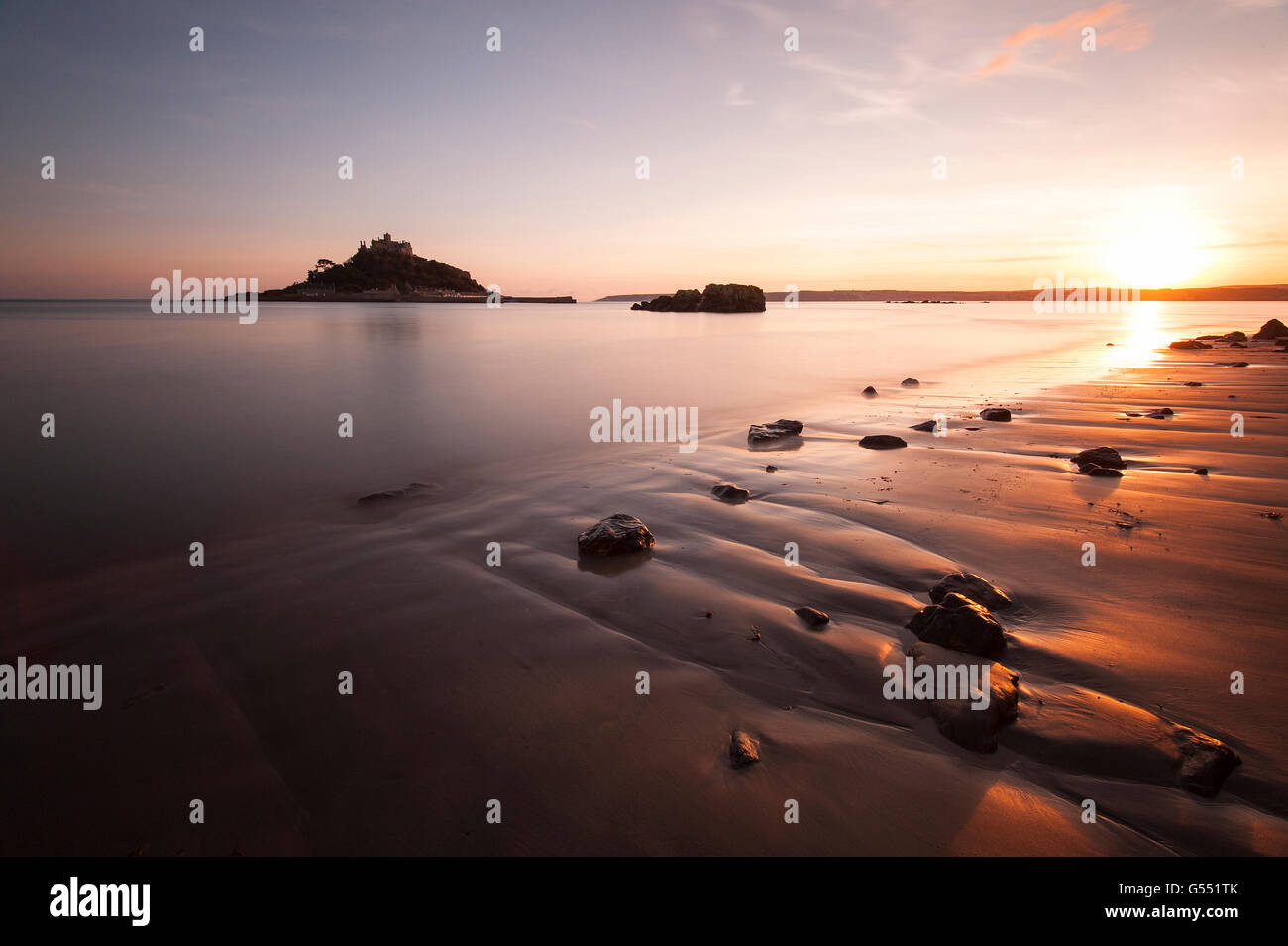 The Iconic St.Michaels Mount in Mounts Bay at sunset and dusk Stock ...