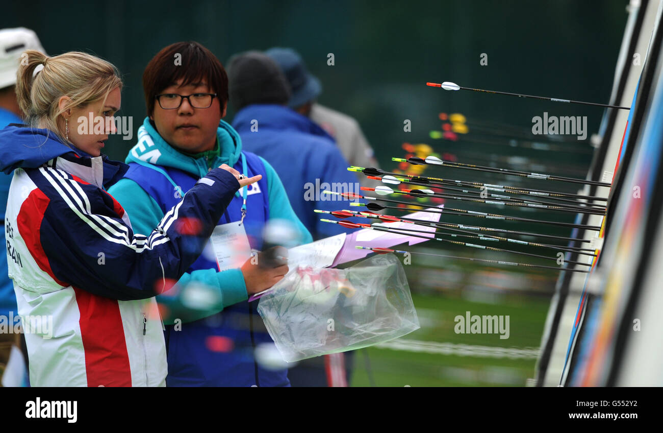 Great Britain's coach Rebecca Symes counts arrows during the Paralympic ...