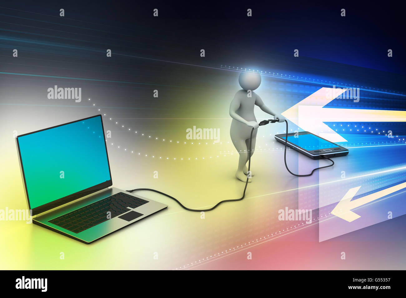 3d man connecting laptop and mobile Stock Photo - Alamy