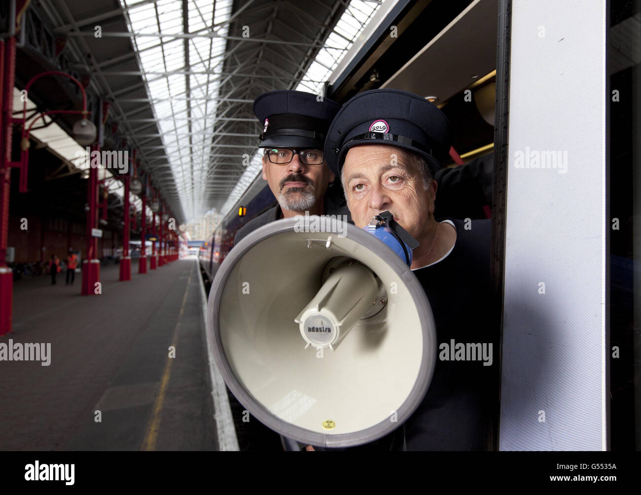 Comedy train announcements Stock Photo - Alamy
