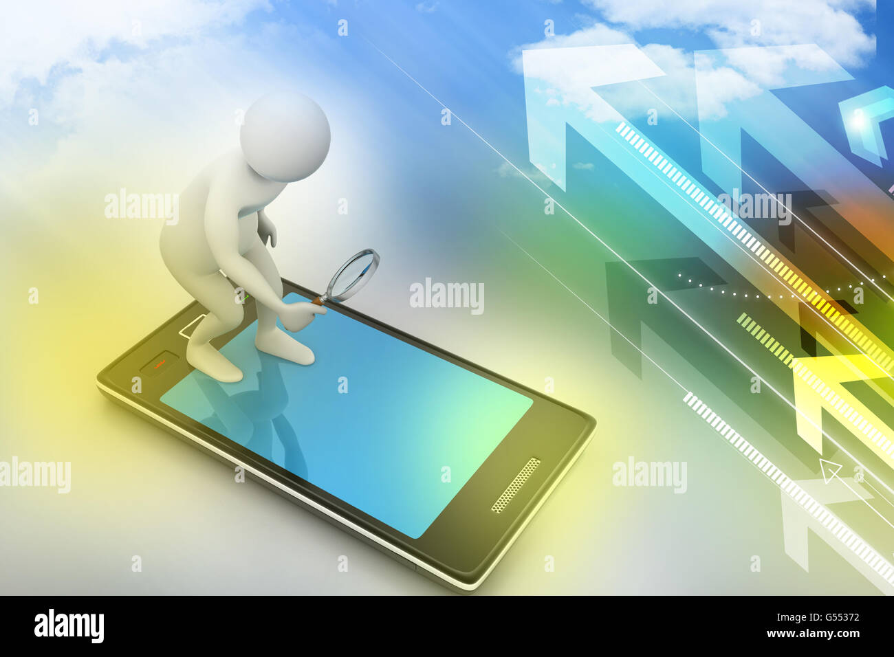 3d man analysing the tablet through magnifier Stock Photo - Alamy