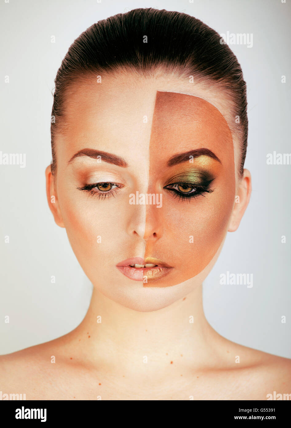half faced woman before tanning and after, creative make up Stock Photo ...