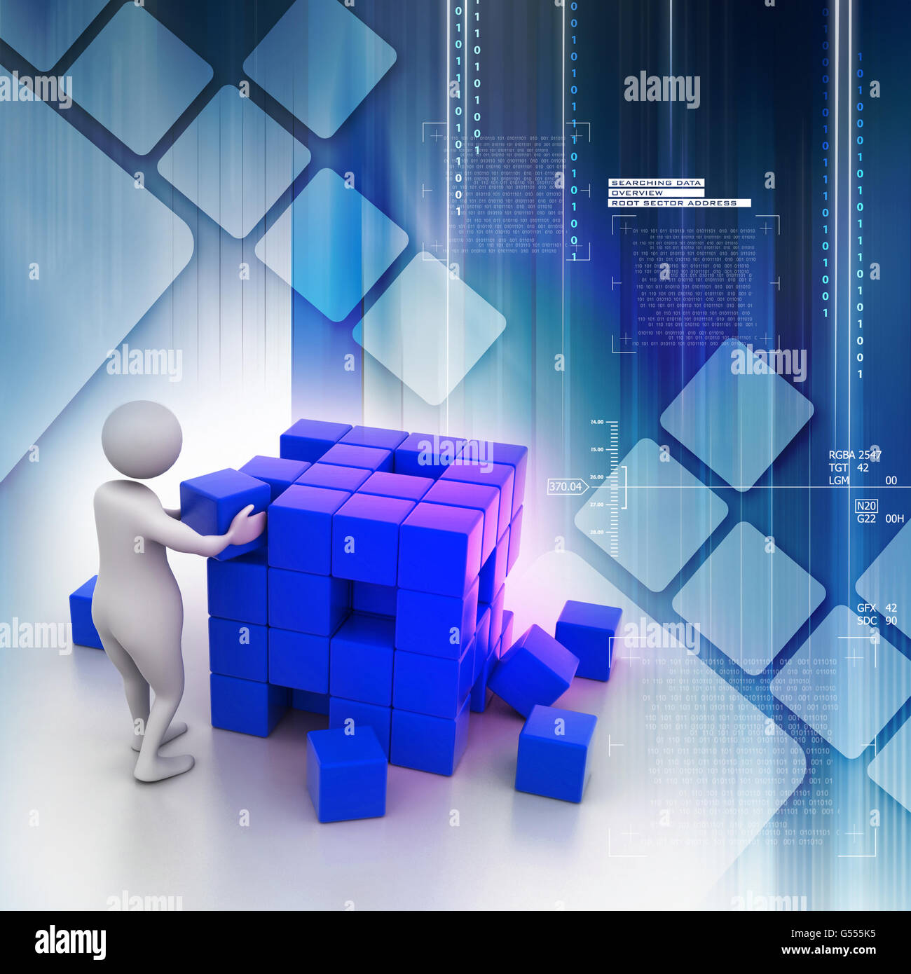 3d people - man, person pushing a cube Stock Photo - Alamy