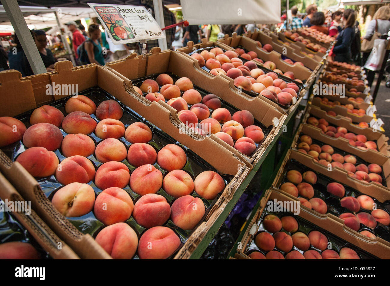 Ripe peaches on sale in market stall at the popular weekly city ...