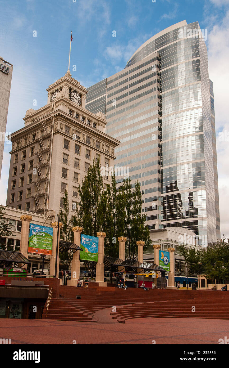 Historic Jackson Tower contrasts with a modern building near Pioneer ...