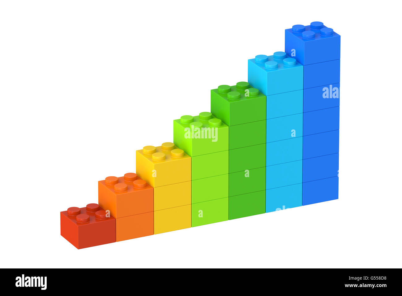 Growing bar chart from color building toy blocks, 3D rendering isolated ...
