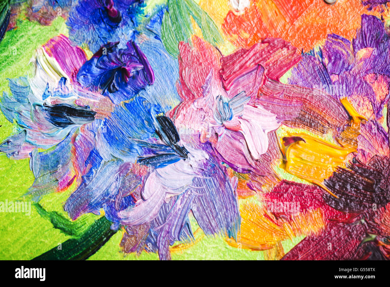 Oil painting, close up fragment with colorful flowers Stock Photo - Alamy