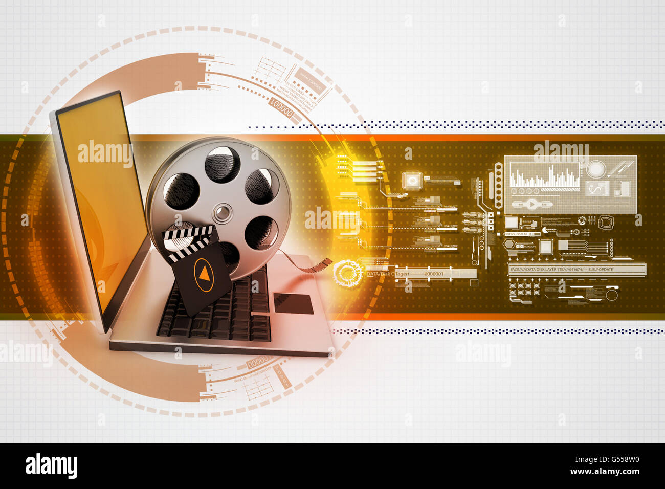 Laptop with reel Stock Photo - Alamy