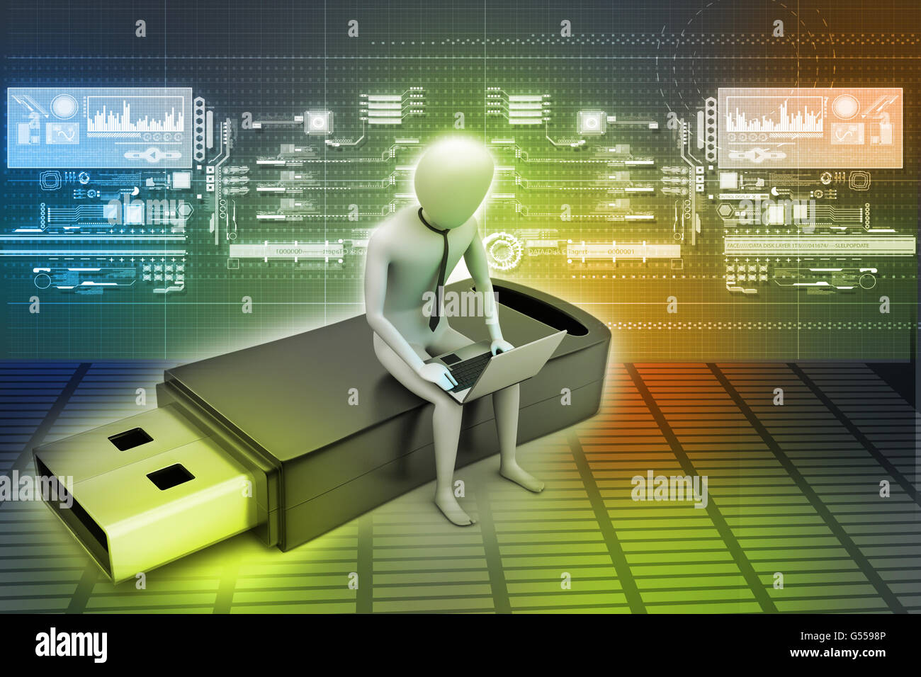 3d man and laptop sitting usb Stock Photo - Alamy