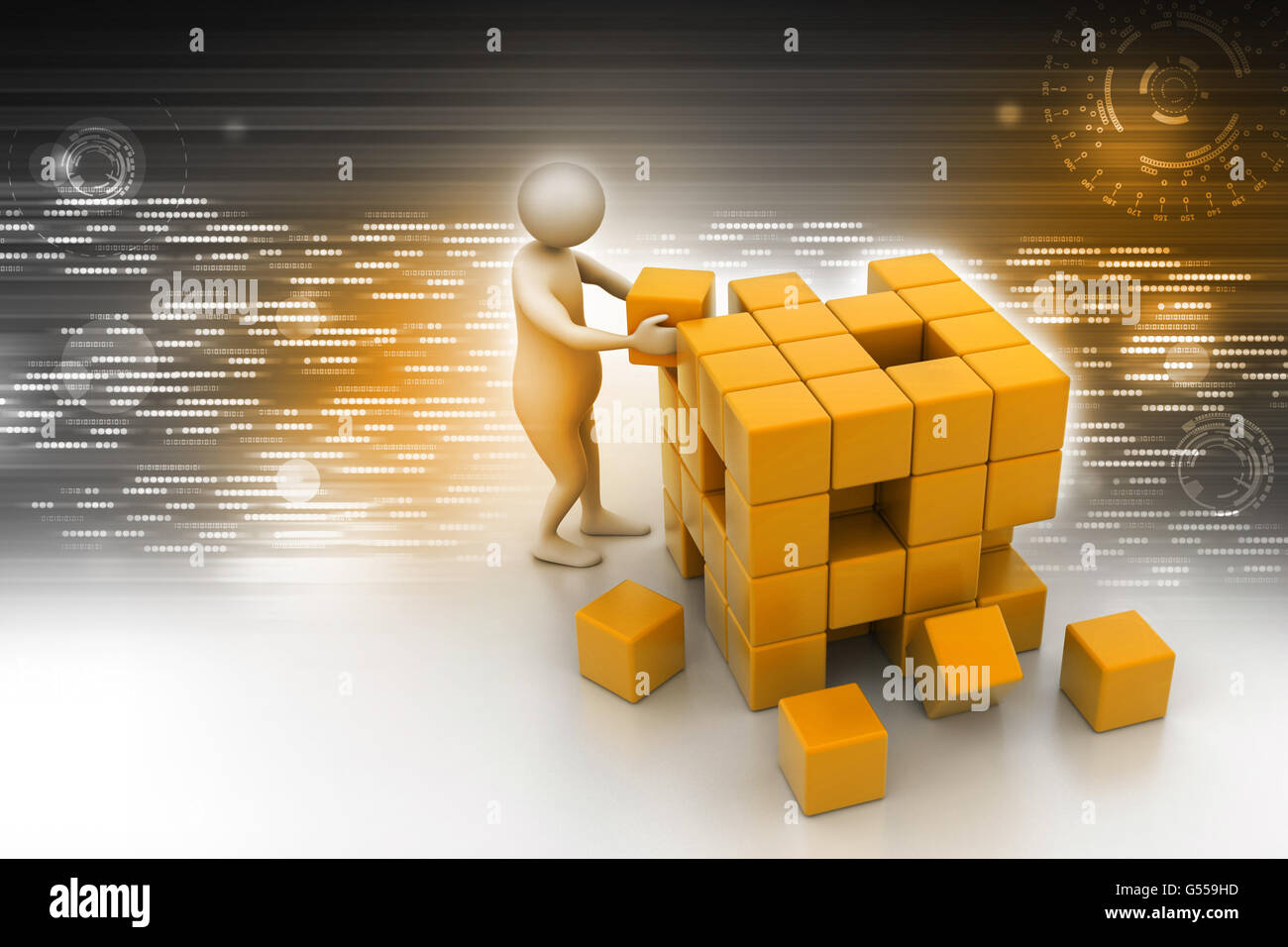 3d people - man, person pushing a cube Stock Photo - Alamy