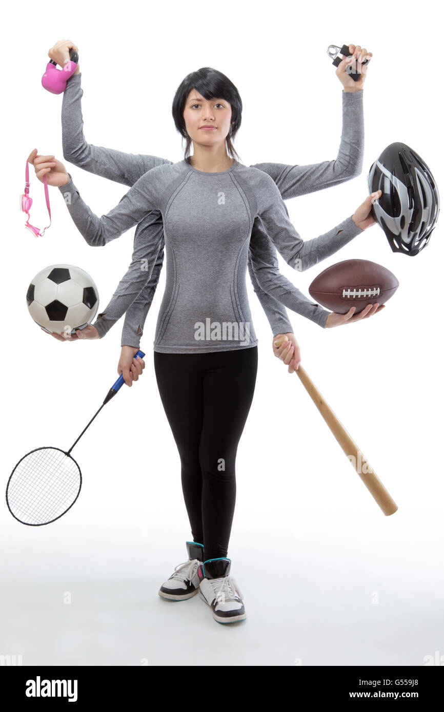 woman with many arms holding different sport objects in each hand Stock ...