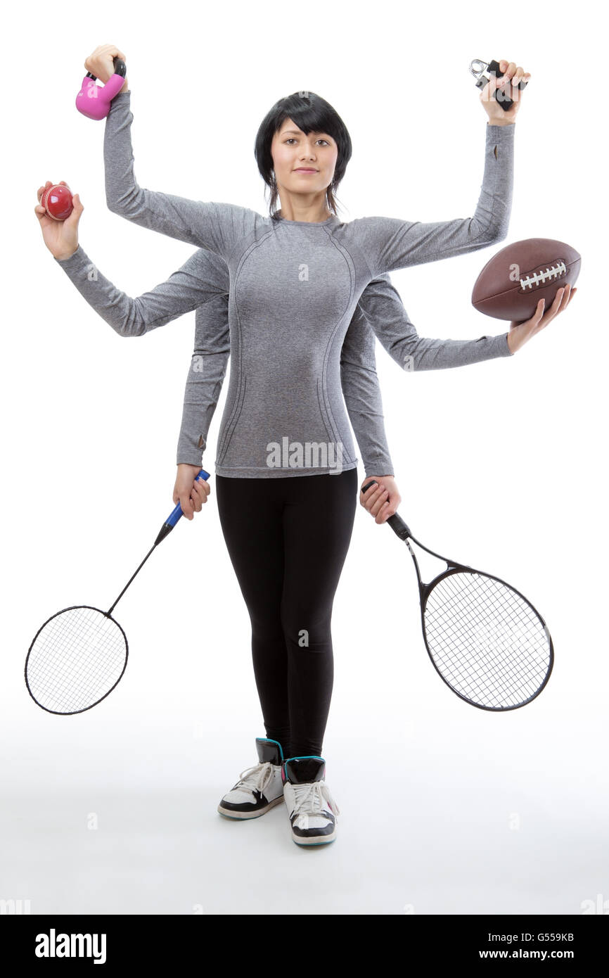 woman with many arms holding different sports objects in each hand ...