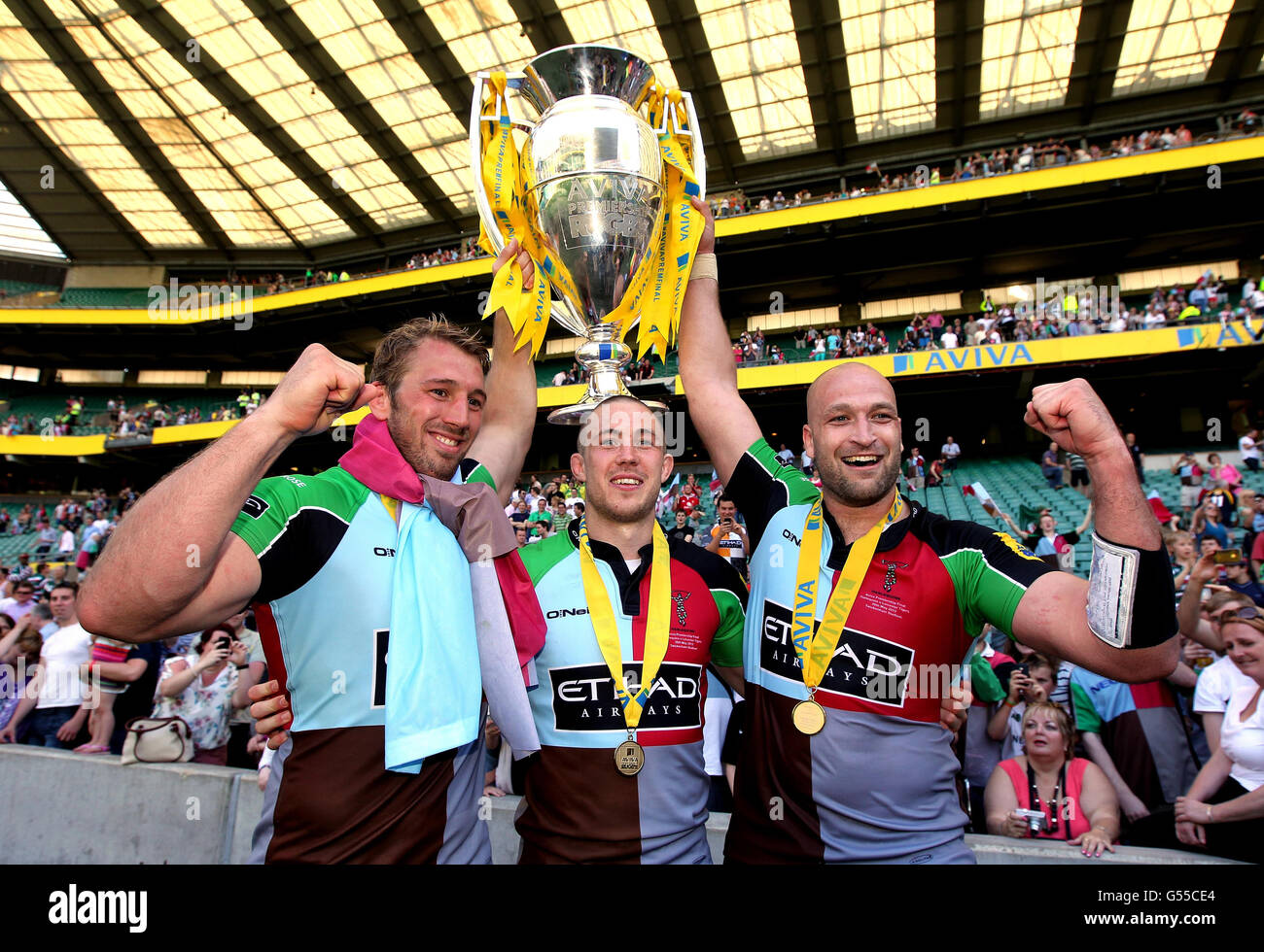 Harlequins Chris Robshaw, Mike Brown and George Robson celebrate after ...