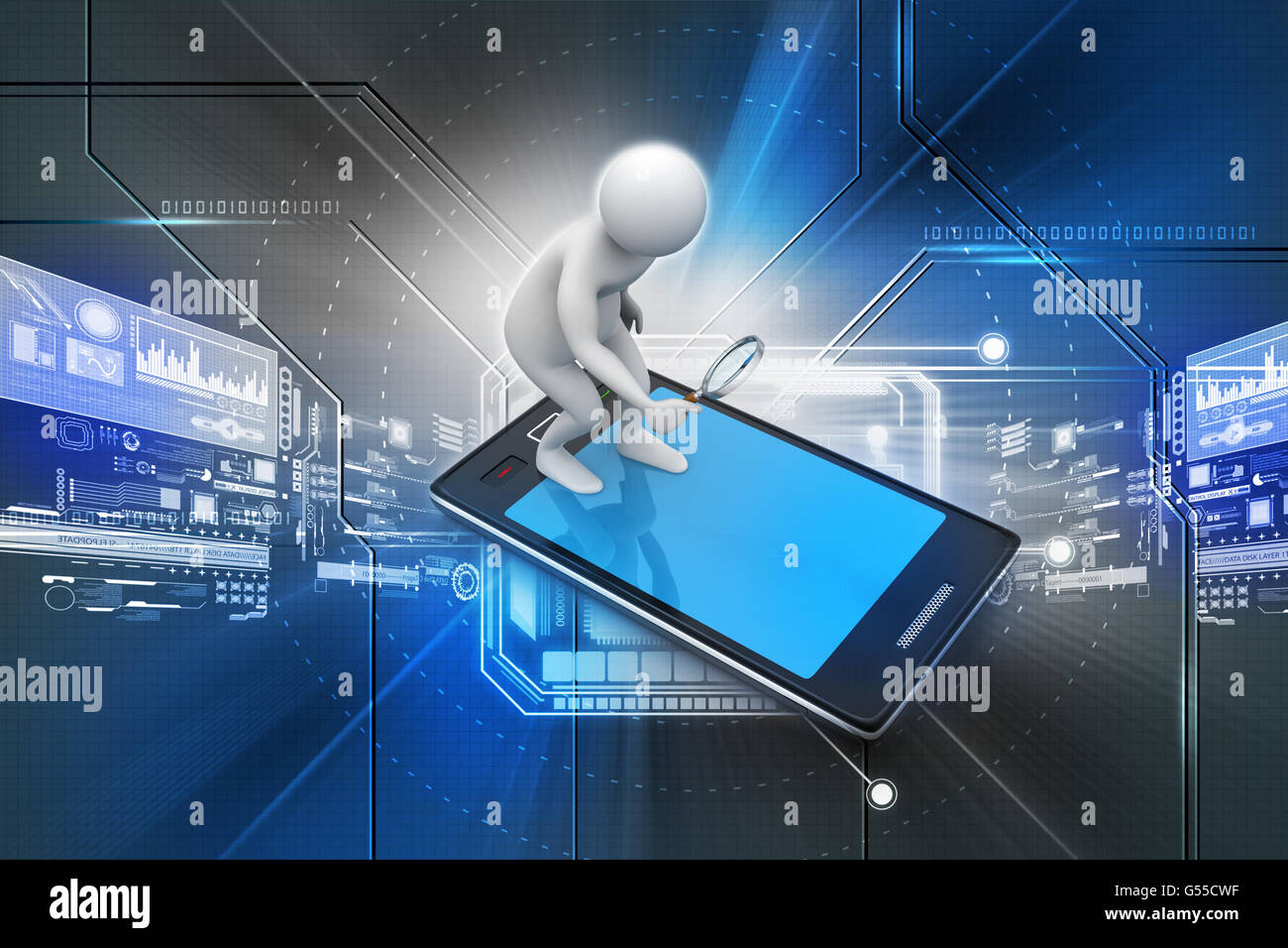 3d man analysing the tablet through magnifier Stock Photo - Alamy