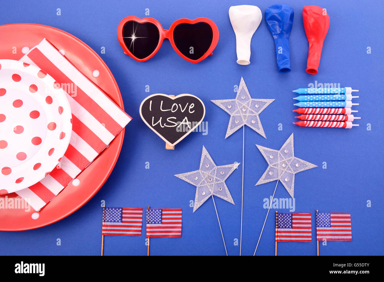 Happy Fourth of July BBQ party plates, balloons, stars and flags flat ...