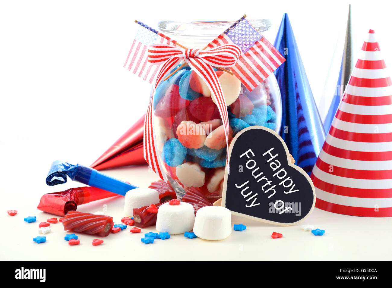 Happy Fourth of July patriotic jar of red, white and blue candy with ...
