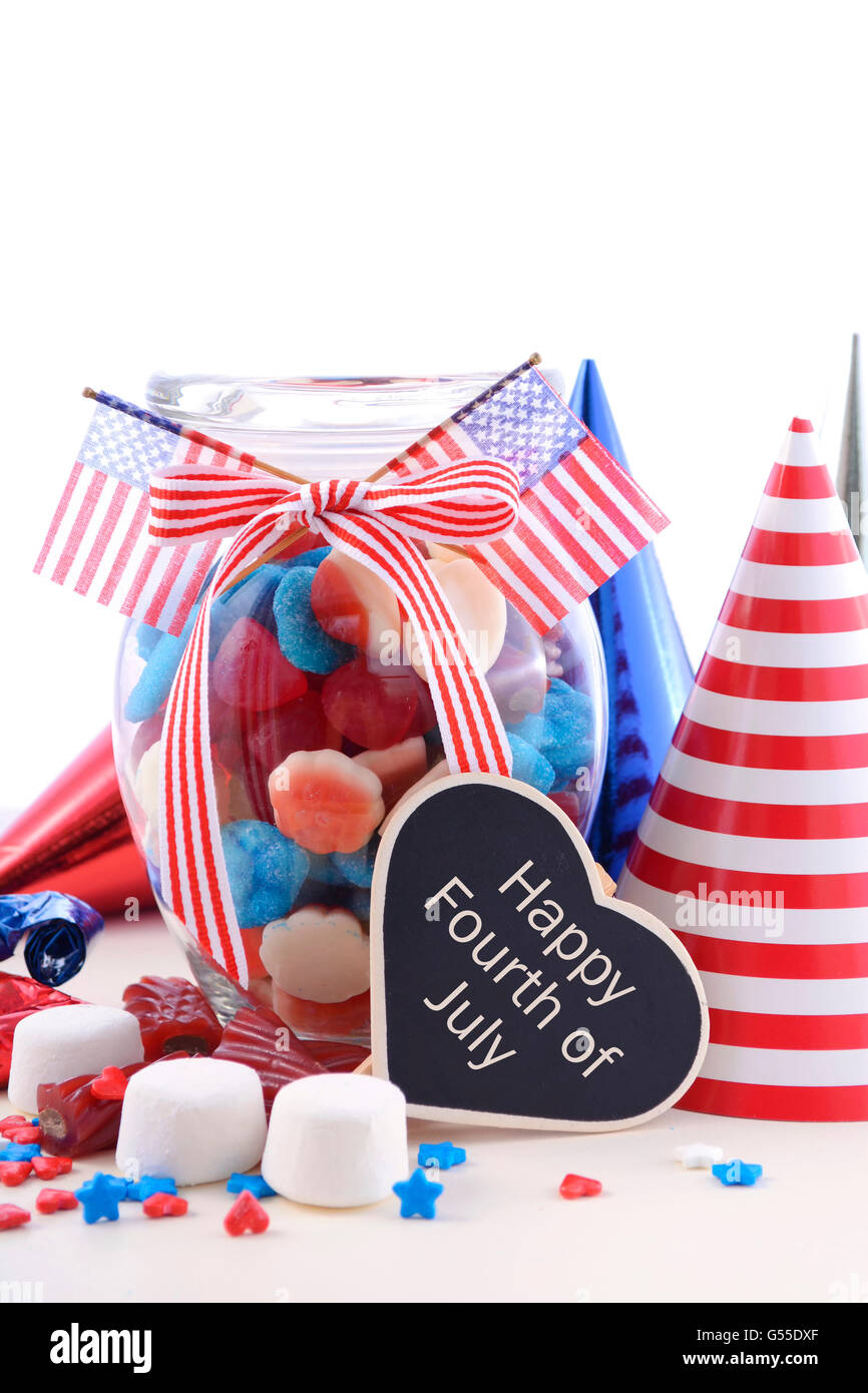 Happy Fourth of July patriotic jar of red, white and blue candy with ...