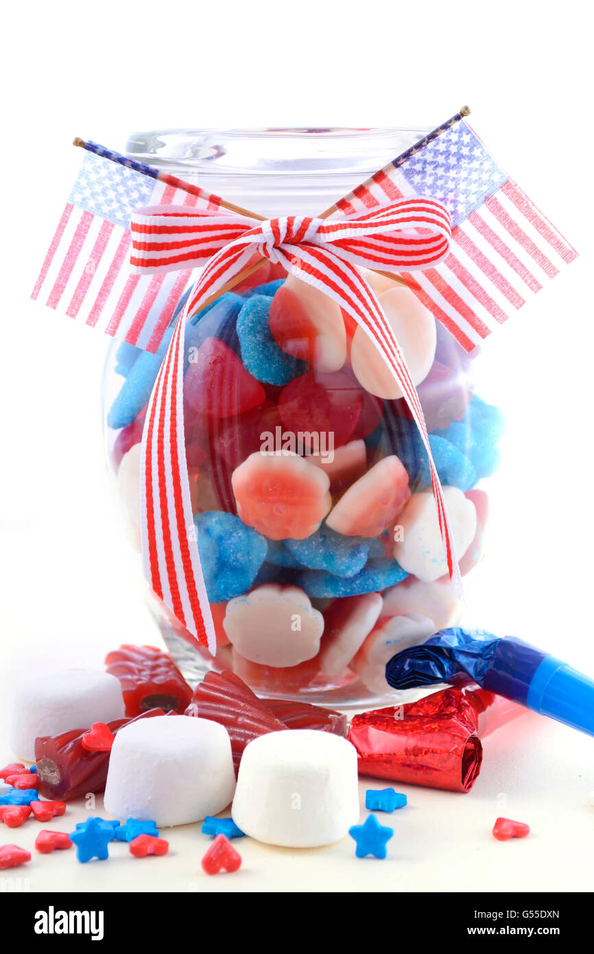 Happy Fourth of July patriotic jar of red, white and blue candy with ...
