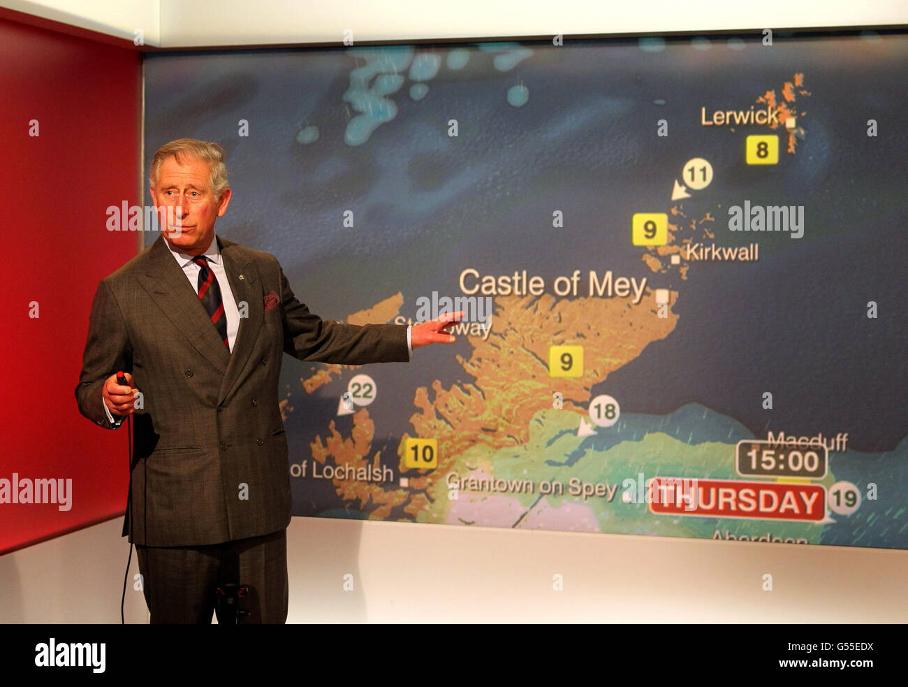 The Prince of Wales reads the weather in the Six O'Clock studio whilst ...