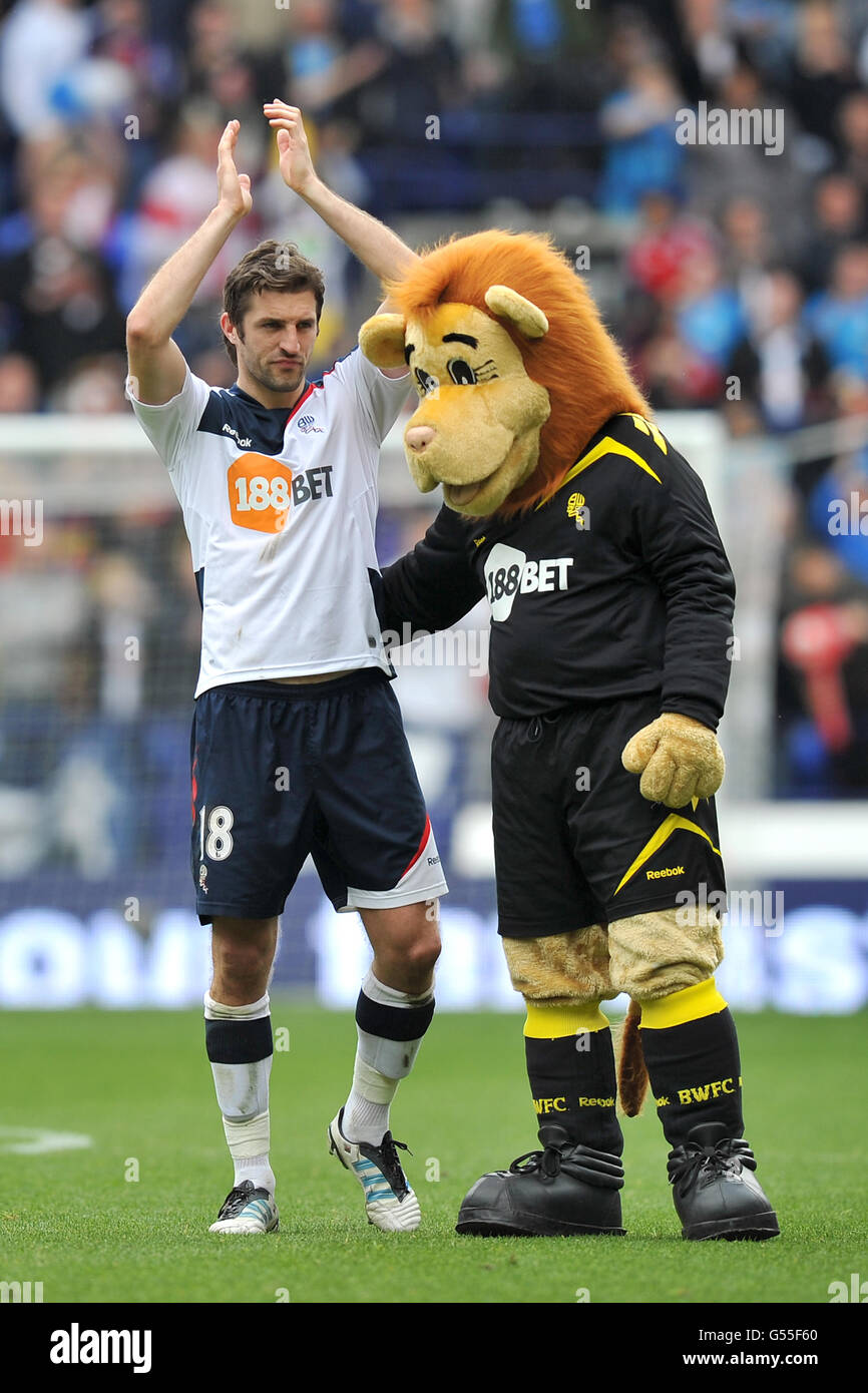 Bolton wanderers samuel ricketts left with club lofty the lion hi-res ...