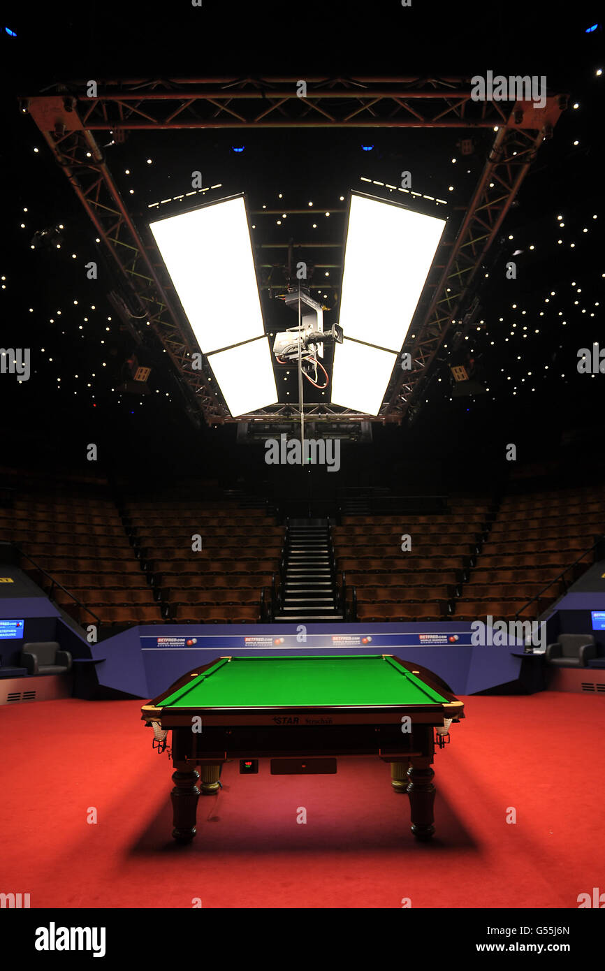 Inside crucible theatre single snooker table before start semi finals ...