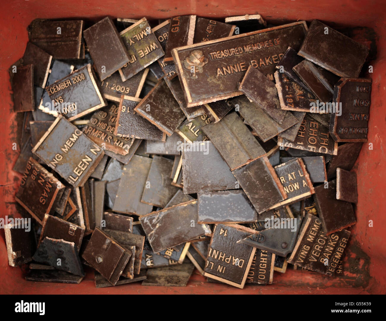 A general view of metal seized by police including memorial plaques ...