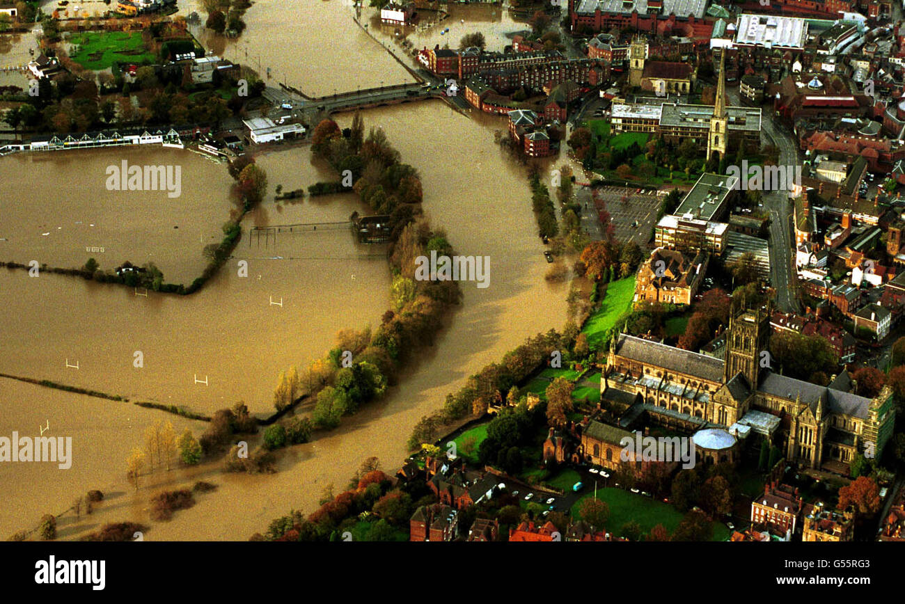 An aerial view of the flooded town of Worcester, central England after ...