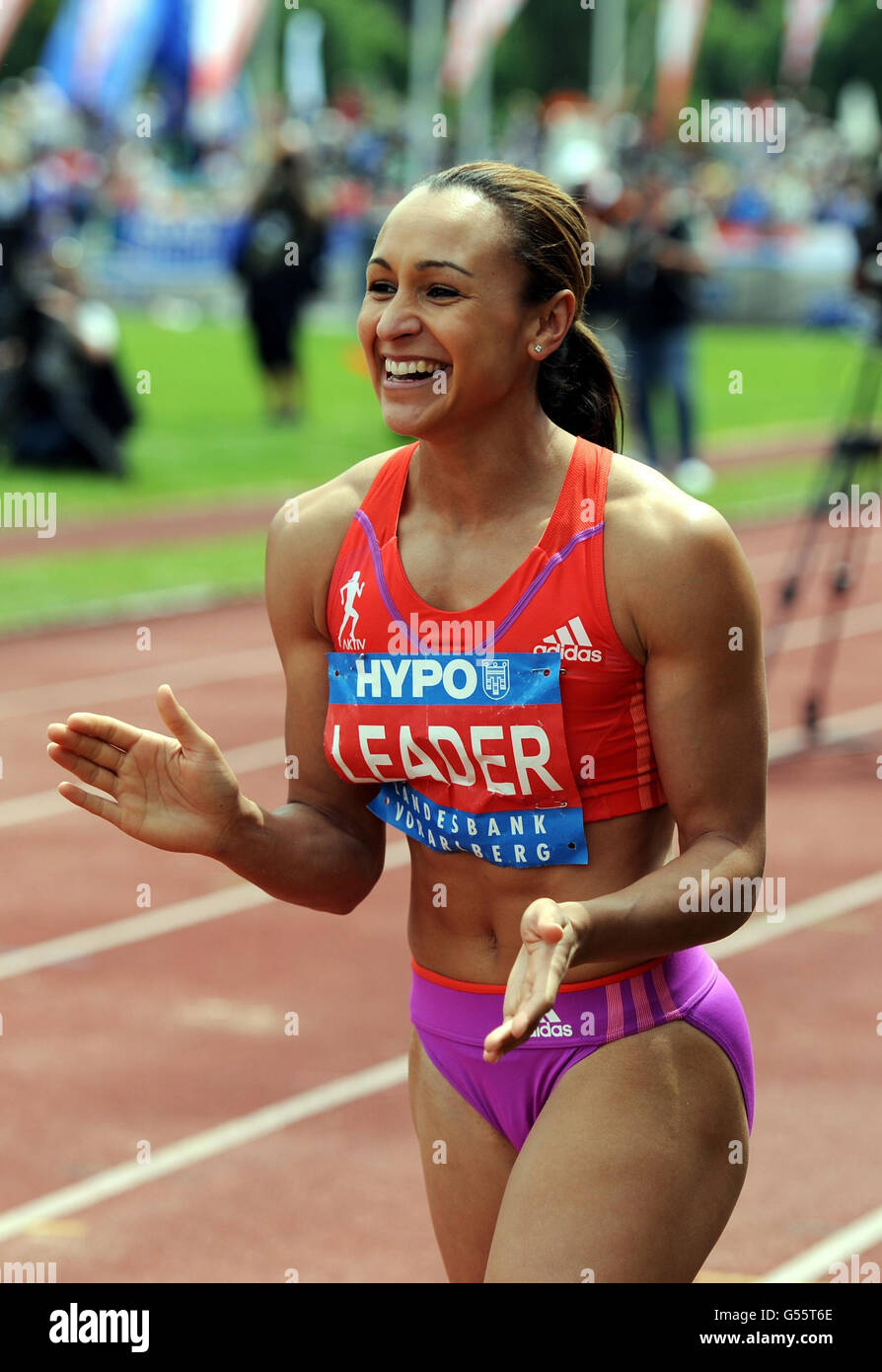 Great Britain's Jessica Ennis celebrates jumping 6metres 51cm with her ...