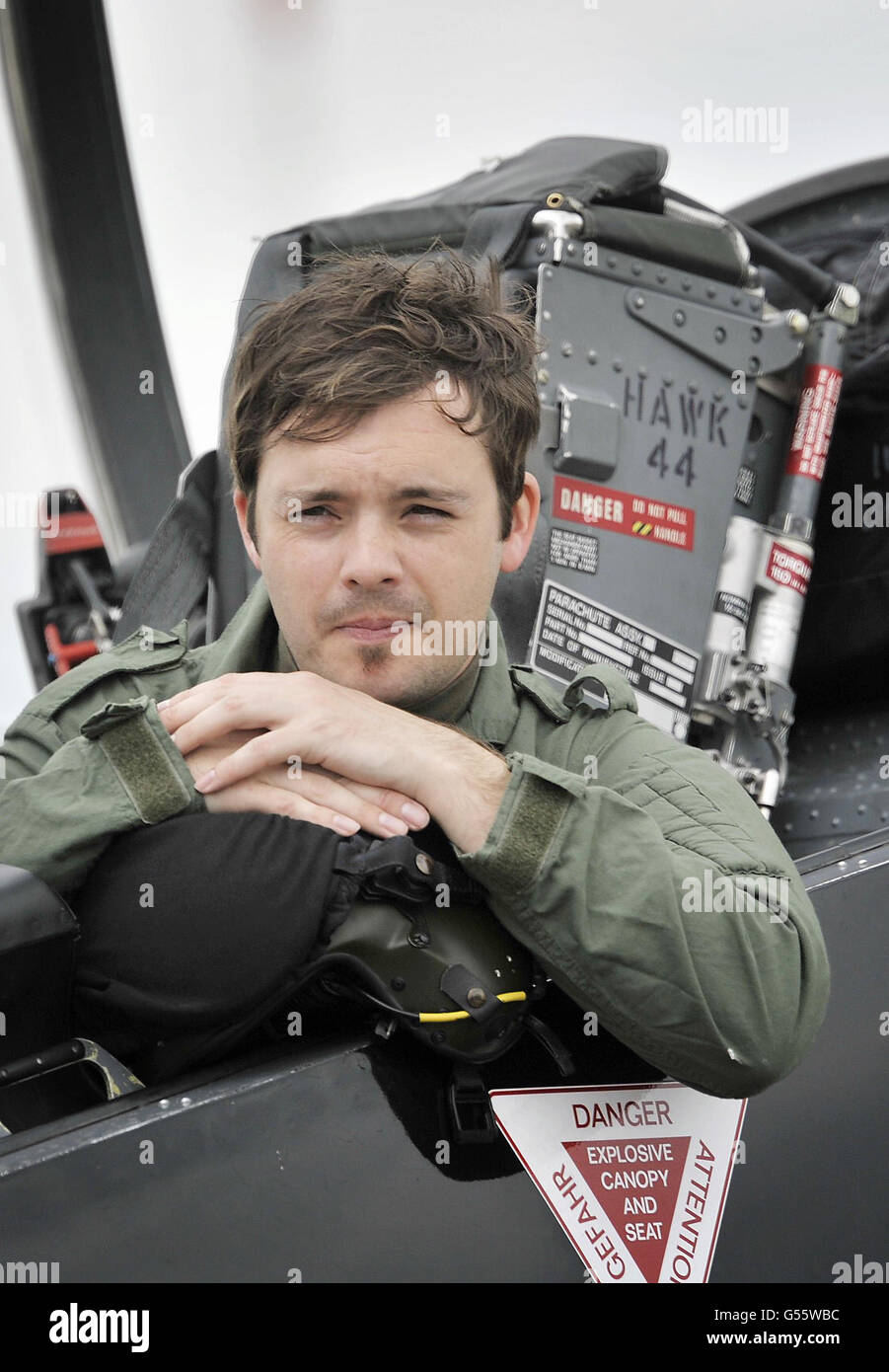 Blue Peter presenter Barney Harwood in a T1 Hawk after arriving at RAF ...