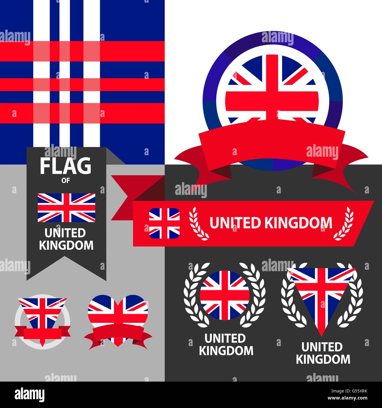 Set of United Kingdom flag, emblem and pattern background Stock Vector ...