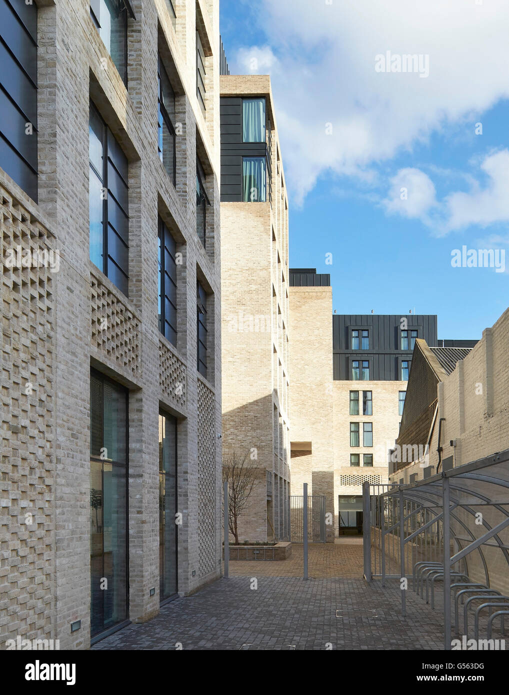 Facade perspective with walkway and bike shed. Spring Mews, London ...