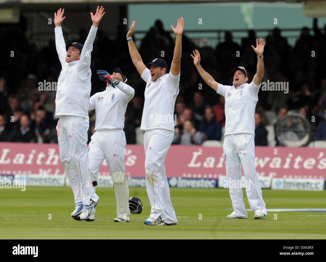 England's Graeme Swann, Matt Prior, Tim Bresnan and Andrew Strauss ...