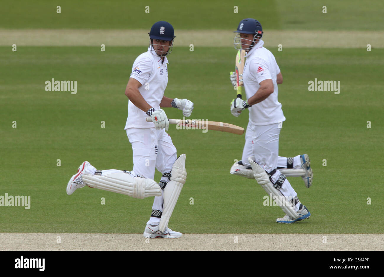 England's opening batsman Alastair Cook (left) and Andrew Strauss ...