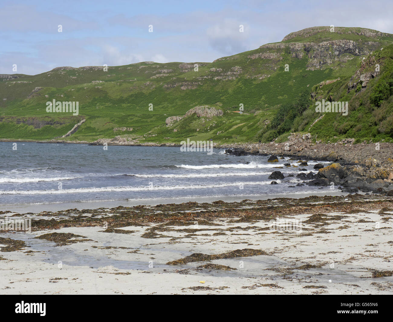 View of beach and coastline, Calgary Bay, Isle of Mull, Inner Hebrides ...