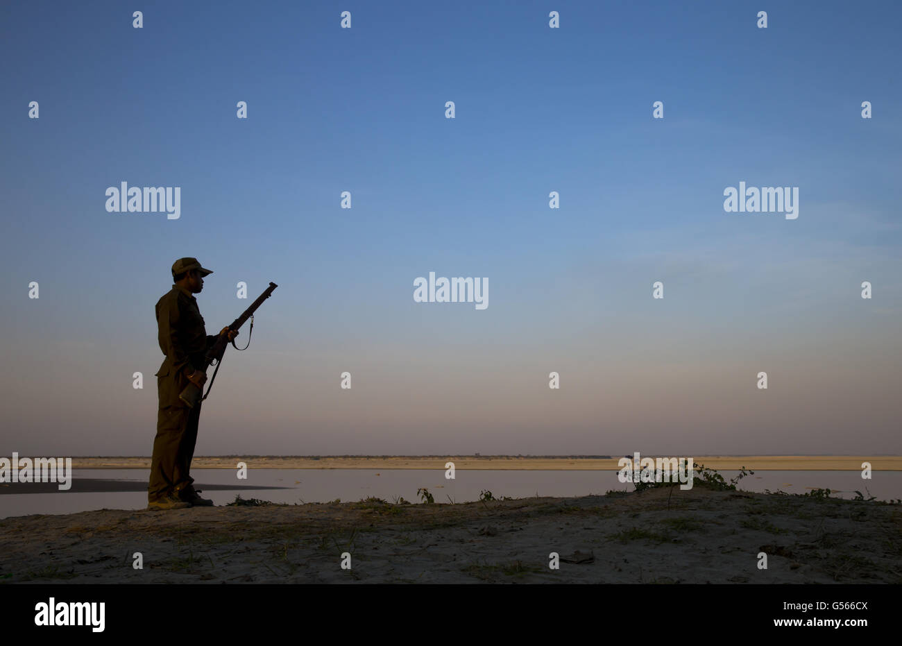 Forest guard armed with rifle, looking out over Brahmaputra River ...
