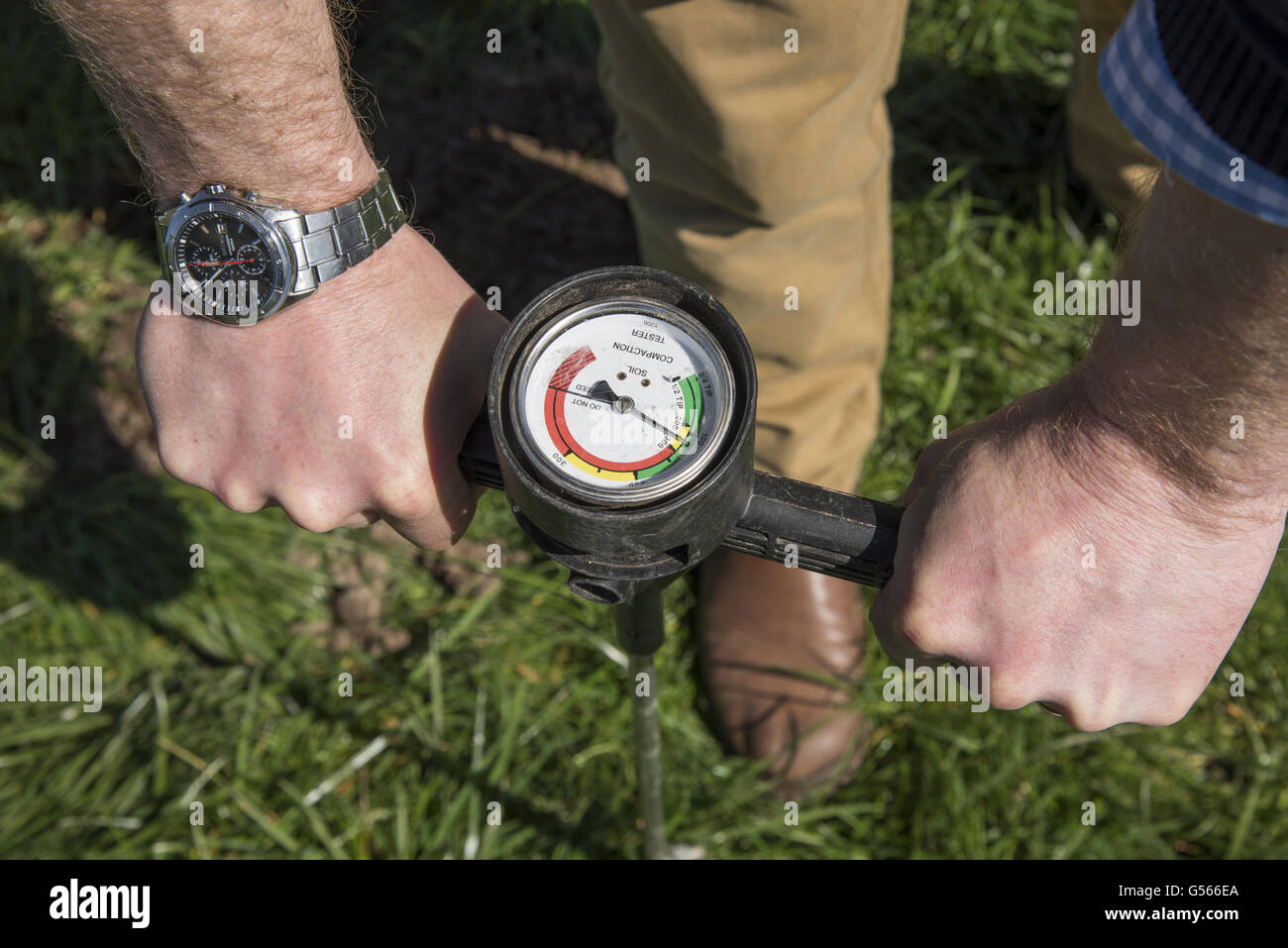 Soil compaction tester in grass field, Clitheroe, Lancashire, England ...