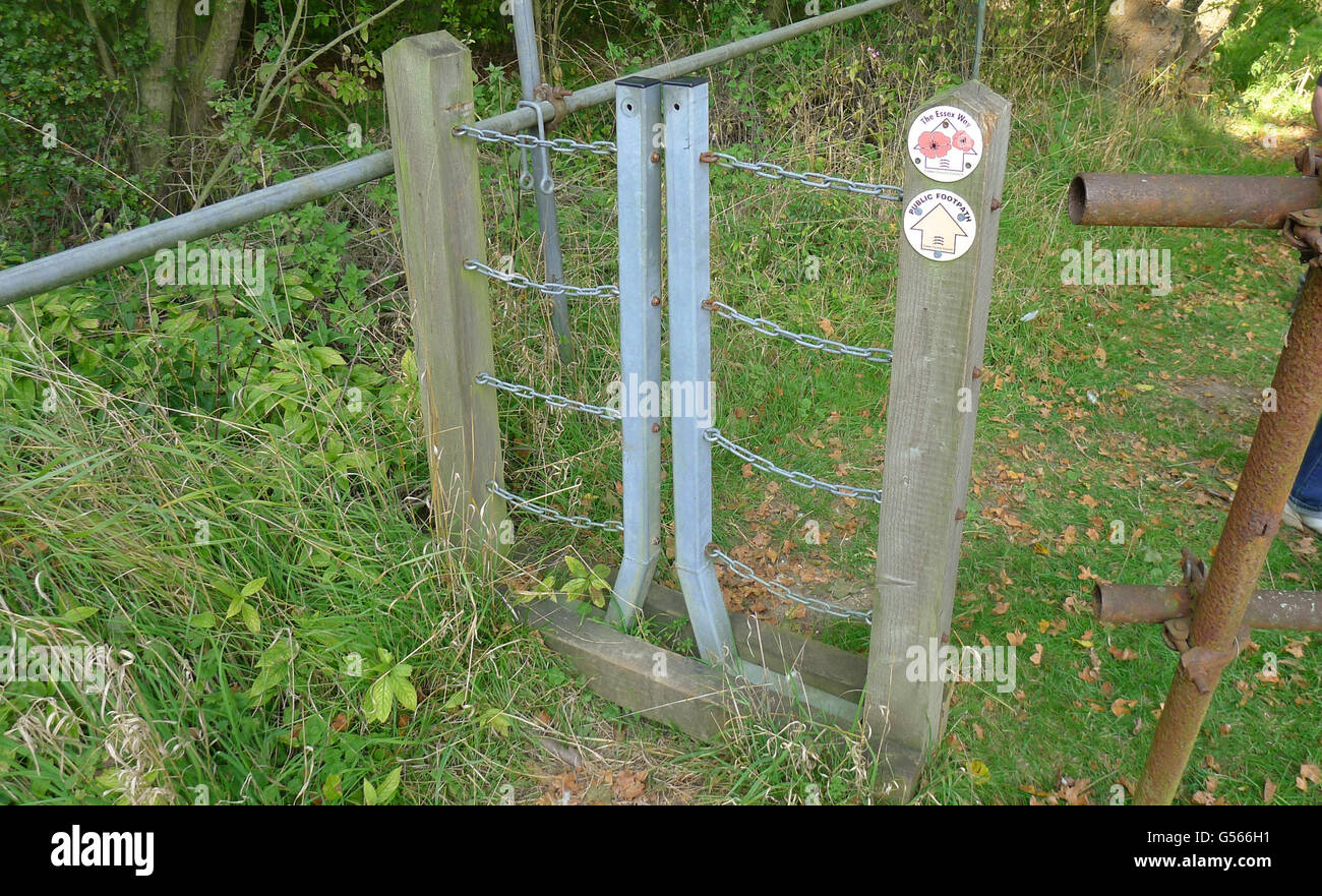 Chain stile on public footpath at edge of paddock, The Essex Way, near ...