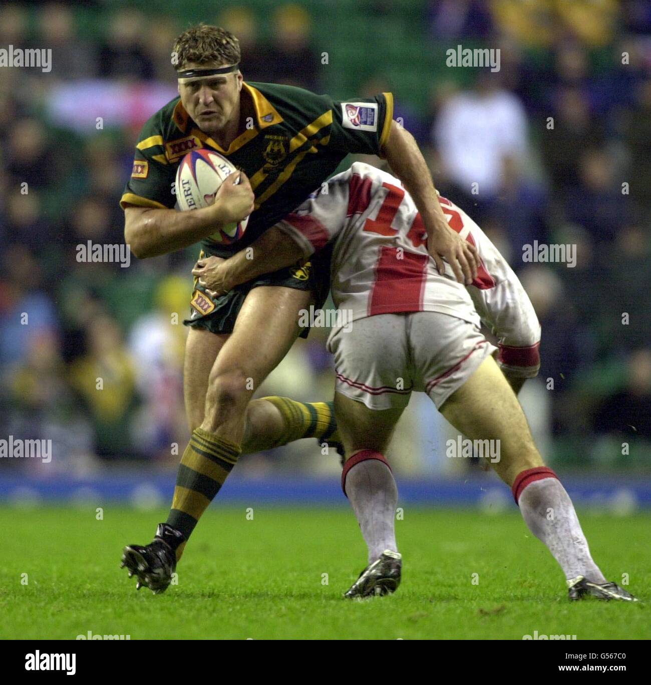 England v Australia. Australia's Jason Stevens is tackled by England's ...